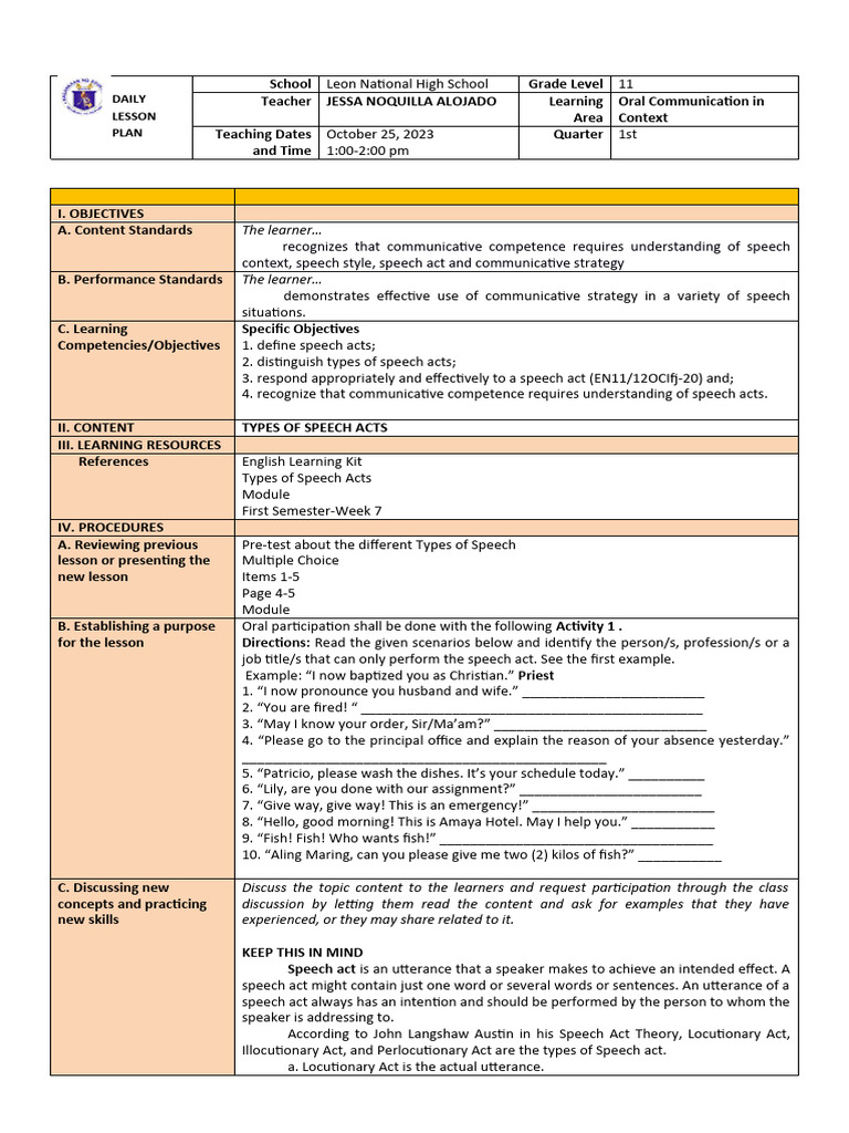 W7 Types Of Speech Acts PDF Learning Linguistics