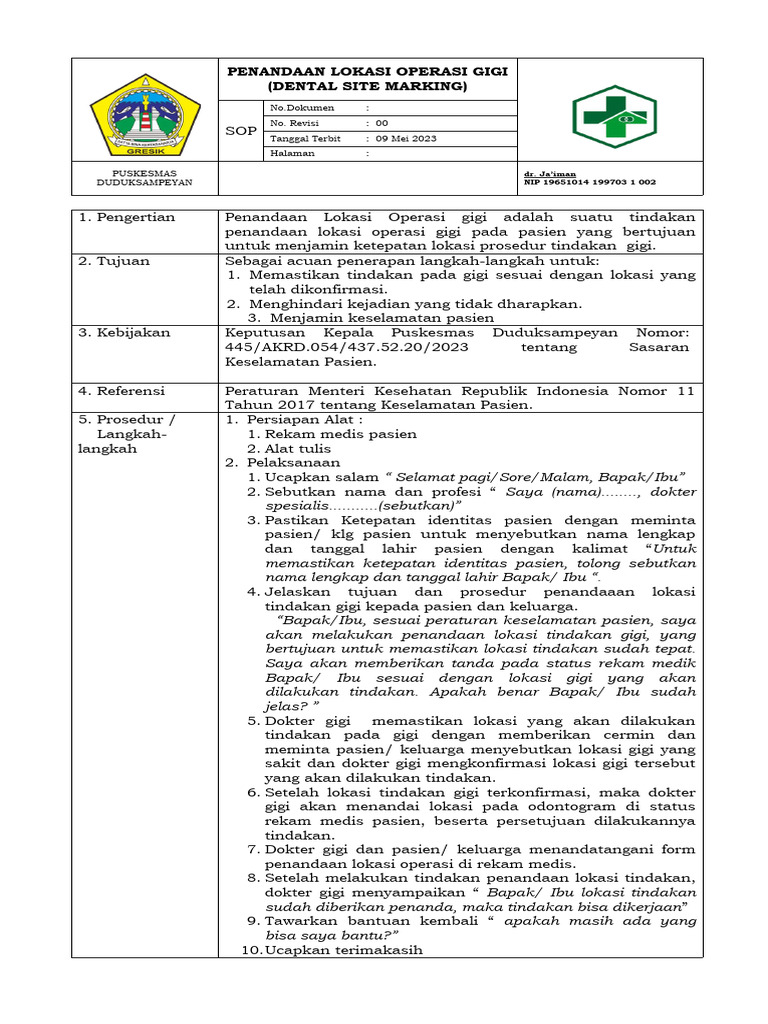 Sop Penandaan Lokasi Operasi Gigi (Dental Site Marking) | PDF