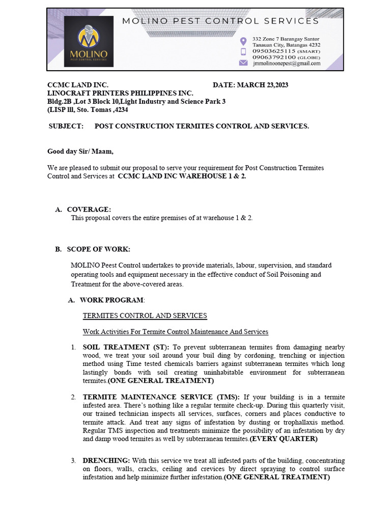 Termite Control Proposal for CCMC Land | PDF | Science & Mathematics