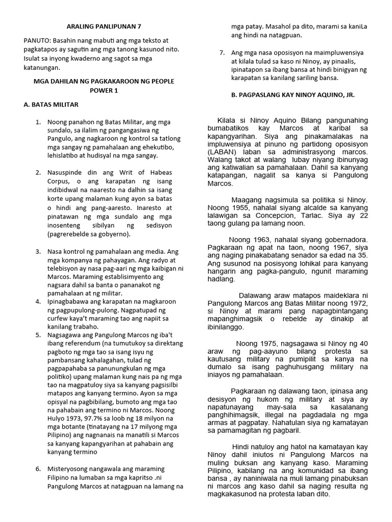 Araling Panlipunan 7 Mga Dahilan Ng People Power 1 Handouts | PDF