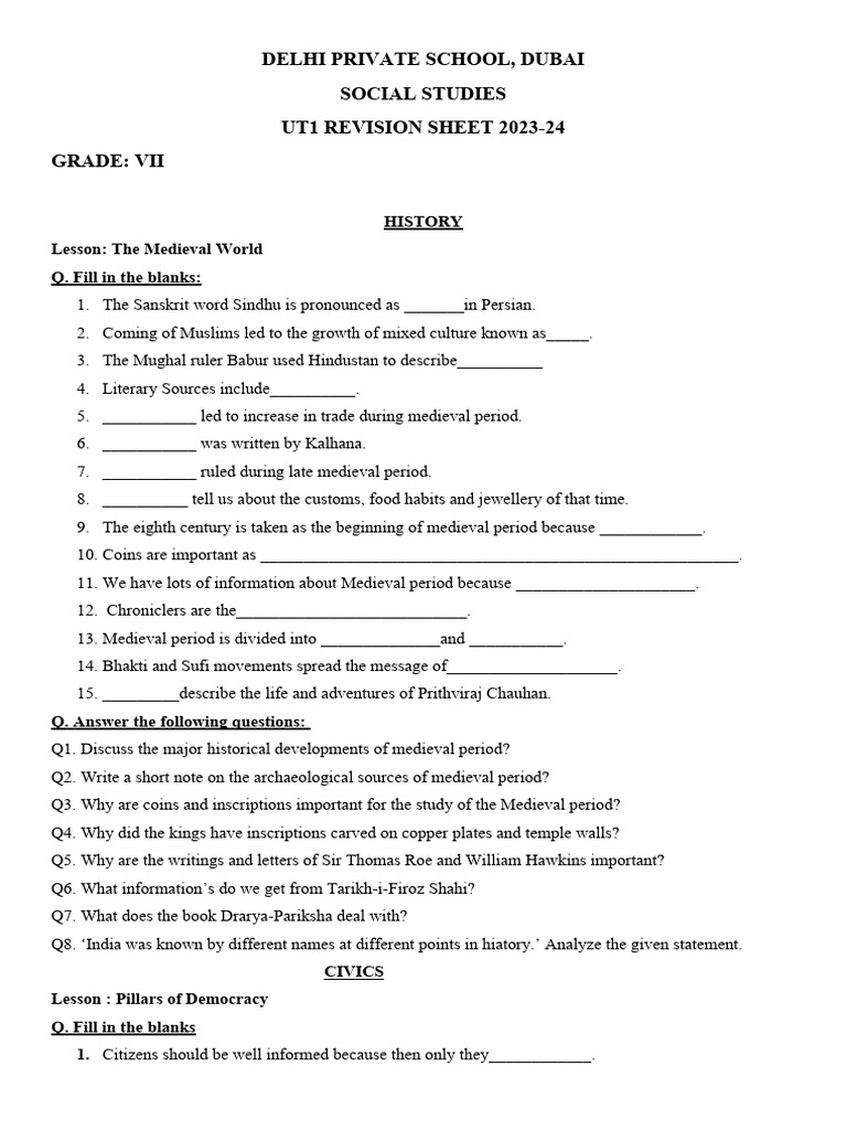 Grade Vii SST Ut-1 Revision Sheet 2023 - 24 | Download Free PDF | Rock (Geology) | Igneous Rock