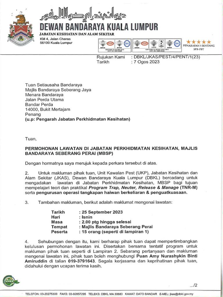 Surat Rasmi Lawatan Di Jabatan Perkhidmatan Kesihatan, Majlis Bandaraya ...