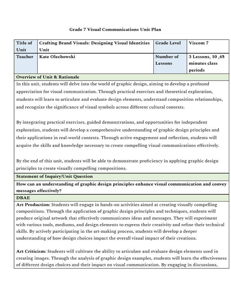 grade 7 visual communications unit plan | PDF | Graphic Design | Communication