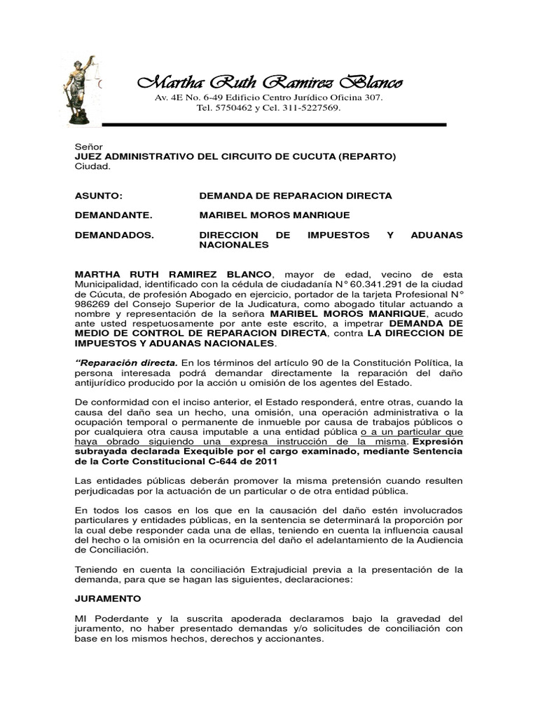 Demanda Reparacion Directa Maribel Moros Abril 2024 | PDF | Daños y ...