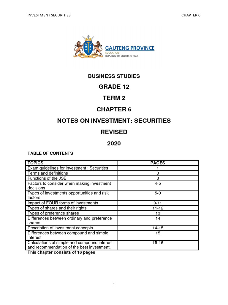 Revised Chapter 6 Business Studies Grade 12 Notes On Investment ...