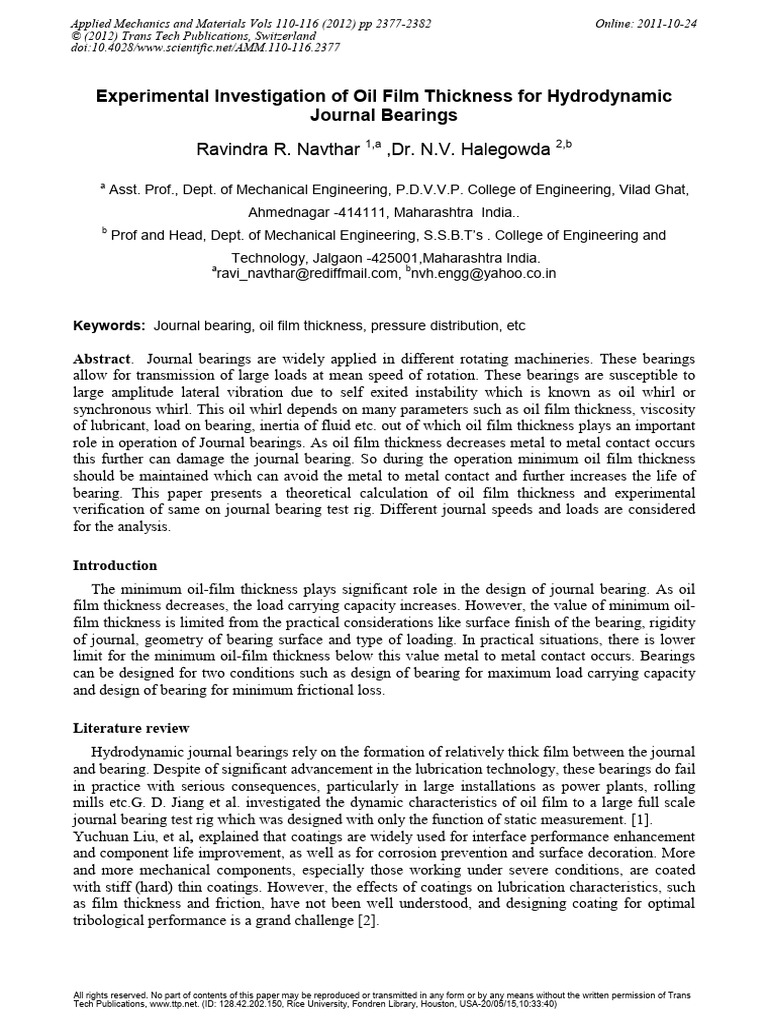 Experimental Investigation of Oil Film Thickness For Hydrodynamic ...