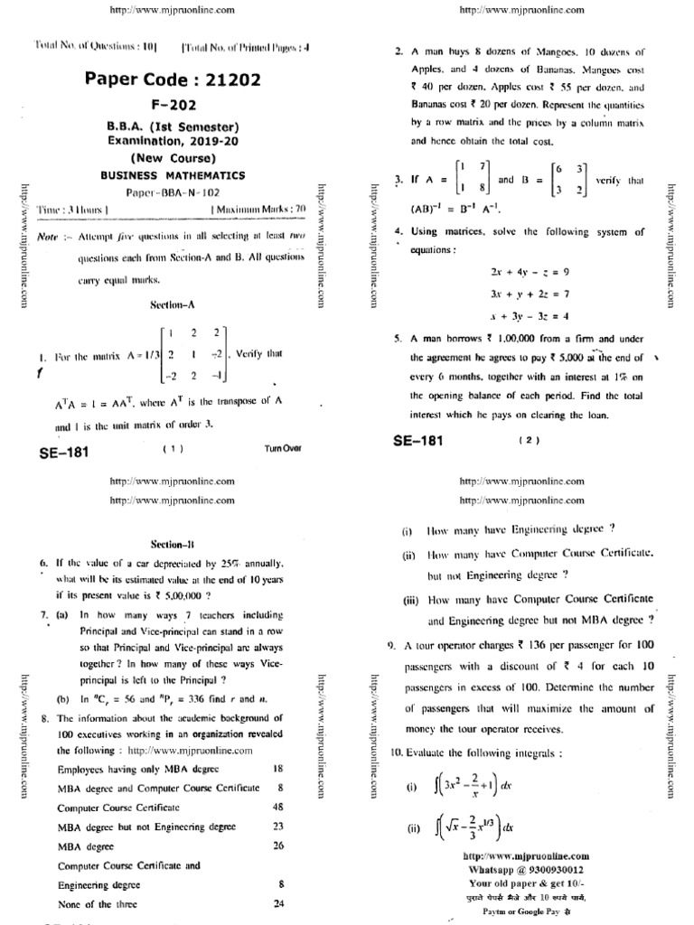 Bba 1 Sem Business Mathematics 21202 2020 | PDF
