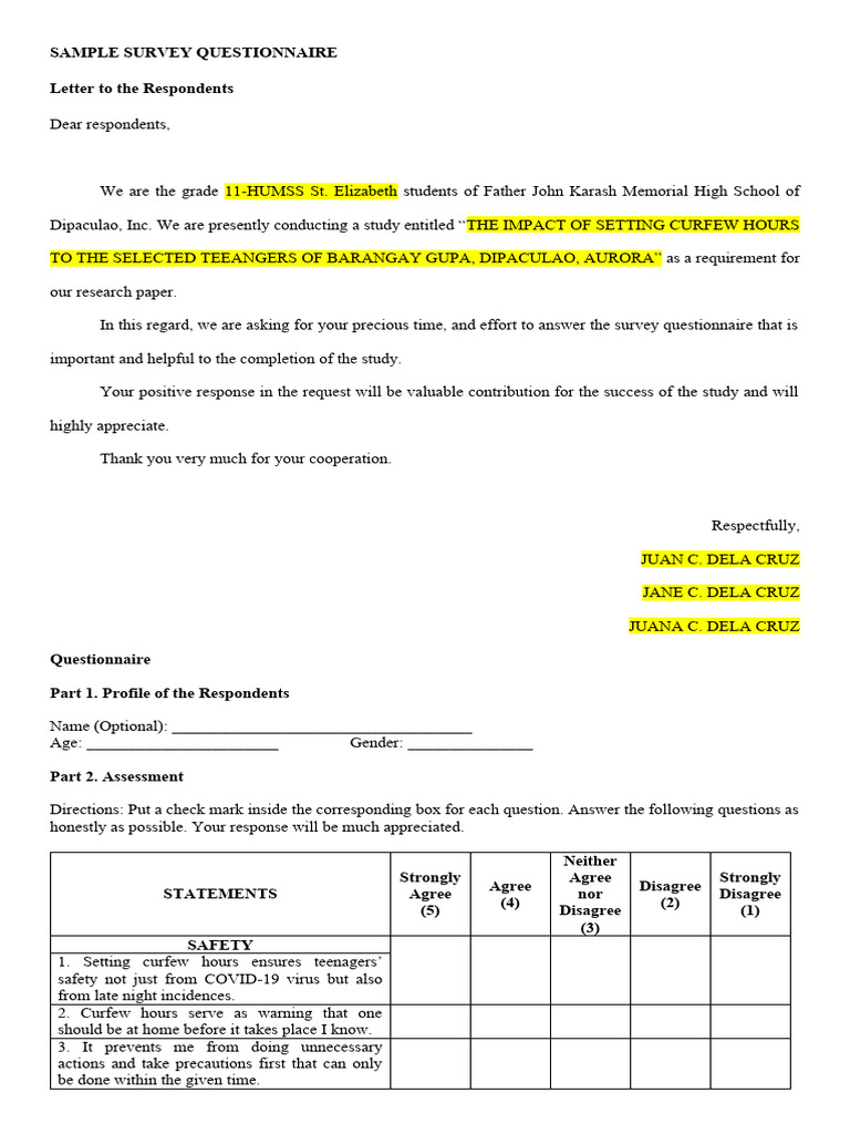 Curfew Impact Survey for Teenagers | PDF | Questionnaire | Behavioural ...
