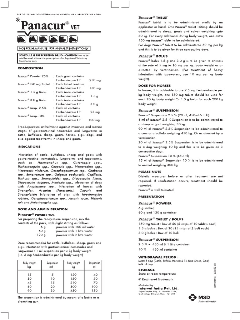 Panacur Vet 90 ML 450ml 1ltr Packing Insert C2C | PDF