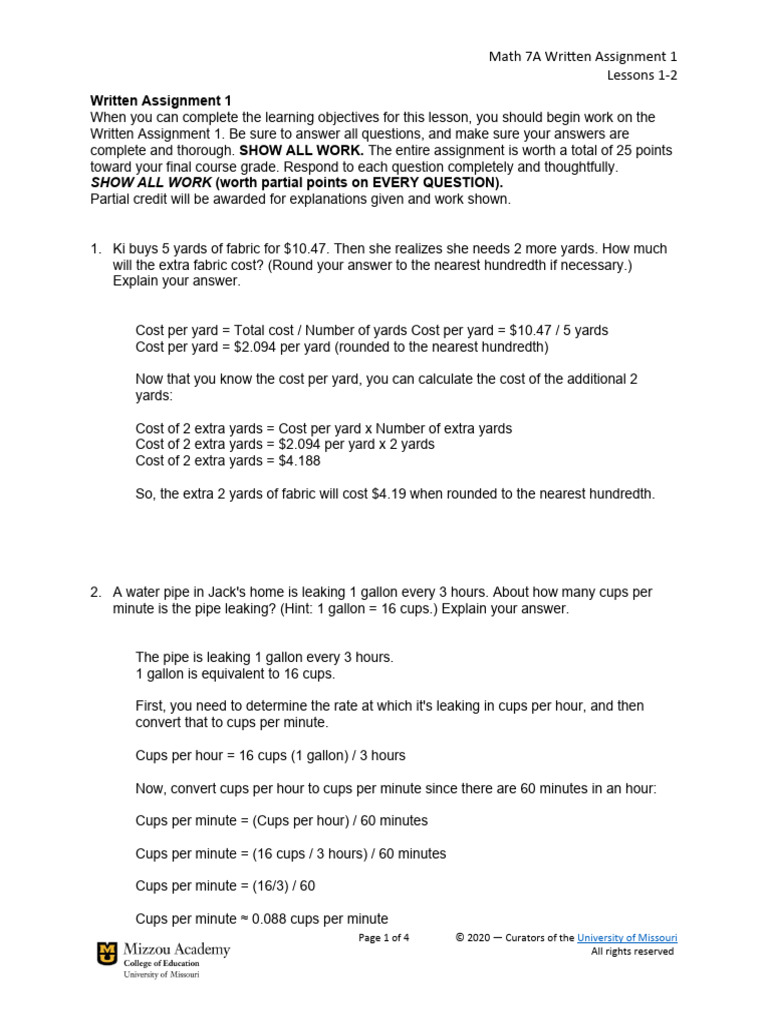 Oli Lesson 2 Math 7A Assignment 1 (Lessons 1-2) | PDF | Speed