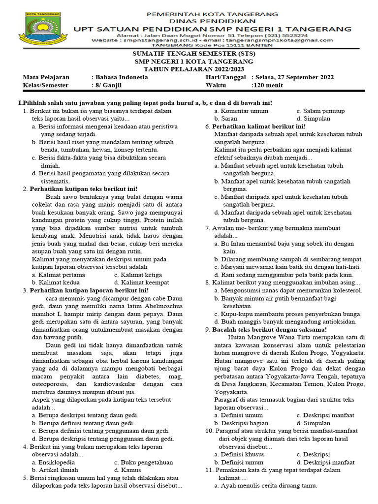 Soal PTS Ganjil Bahasa Indonesia - Kelas 8 | PDF