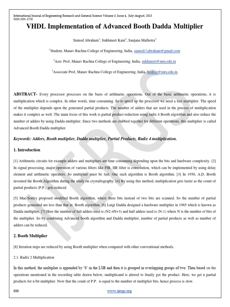 BOOTH AND DAADDA VHDL Implementation | PDF | Multiplication | Arithmetic