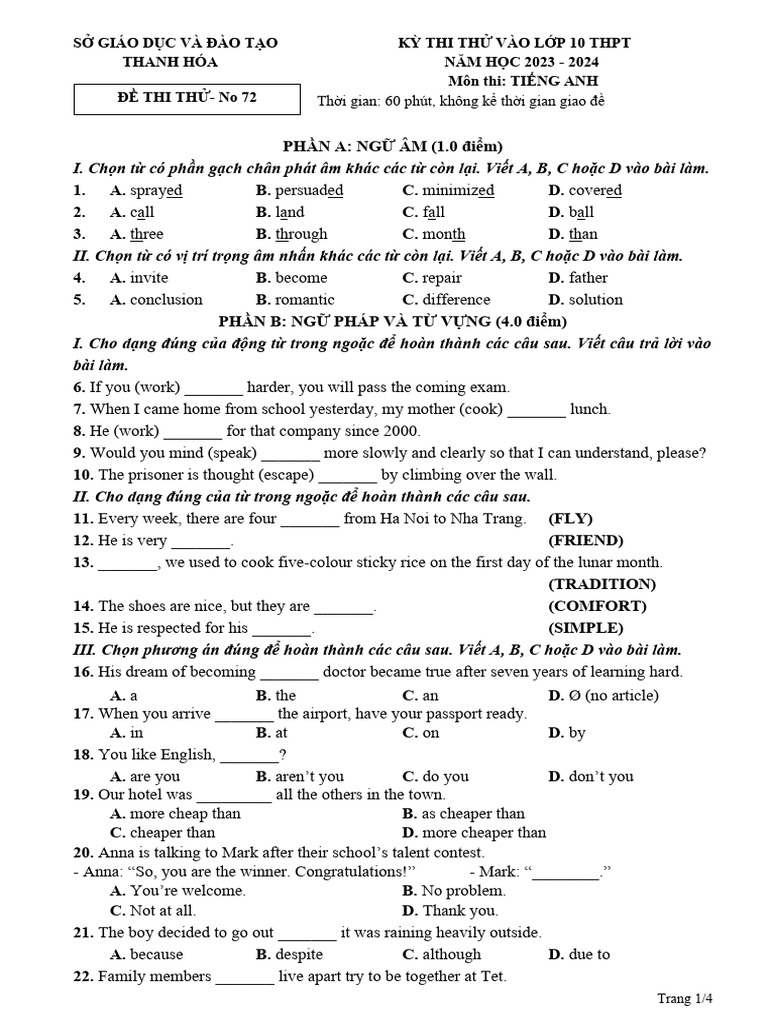 23-24 SỐ 72 - ĐỀ VÀO 10 THPT | PDF