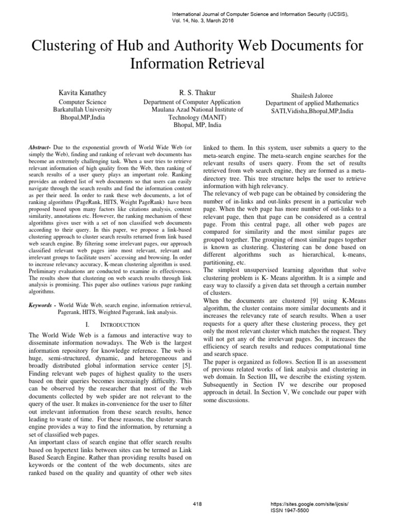 Clustering of Hub and Authority Web Docu | PDF | Cluster Analysis | World Wide Web