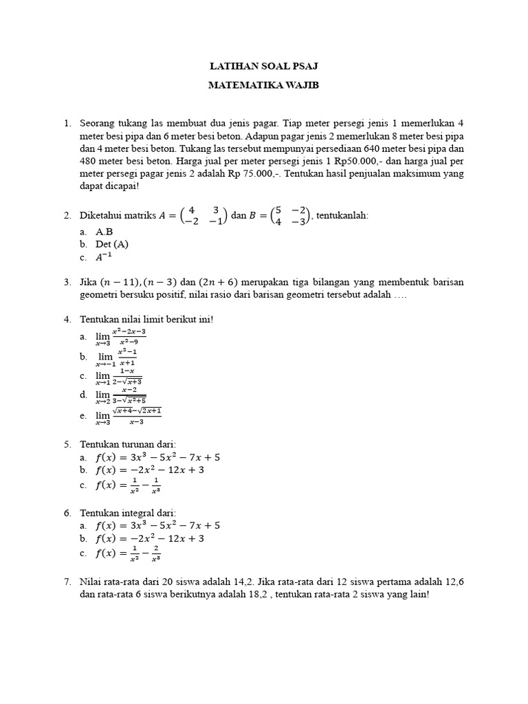 Latihan Soal Psaj Matematika Wajib | PDF | Metode & Bahan Ajar | Griya & Taman