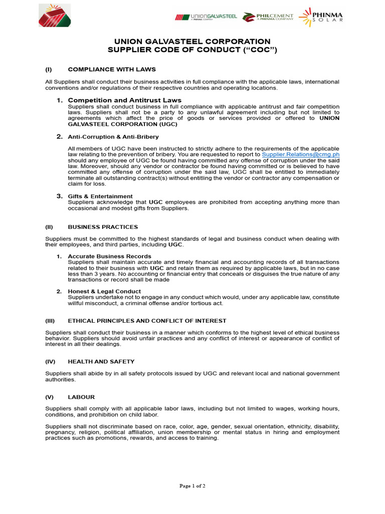 Union Galvasteel Supplier Code of Conduct | PDF | Labour Law | Corruption