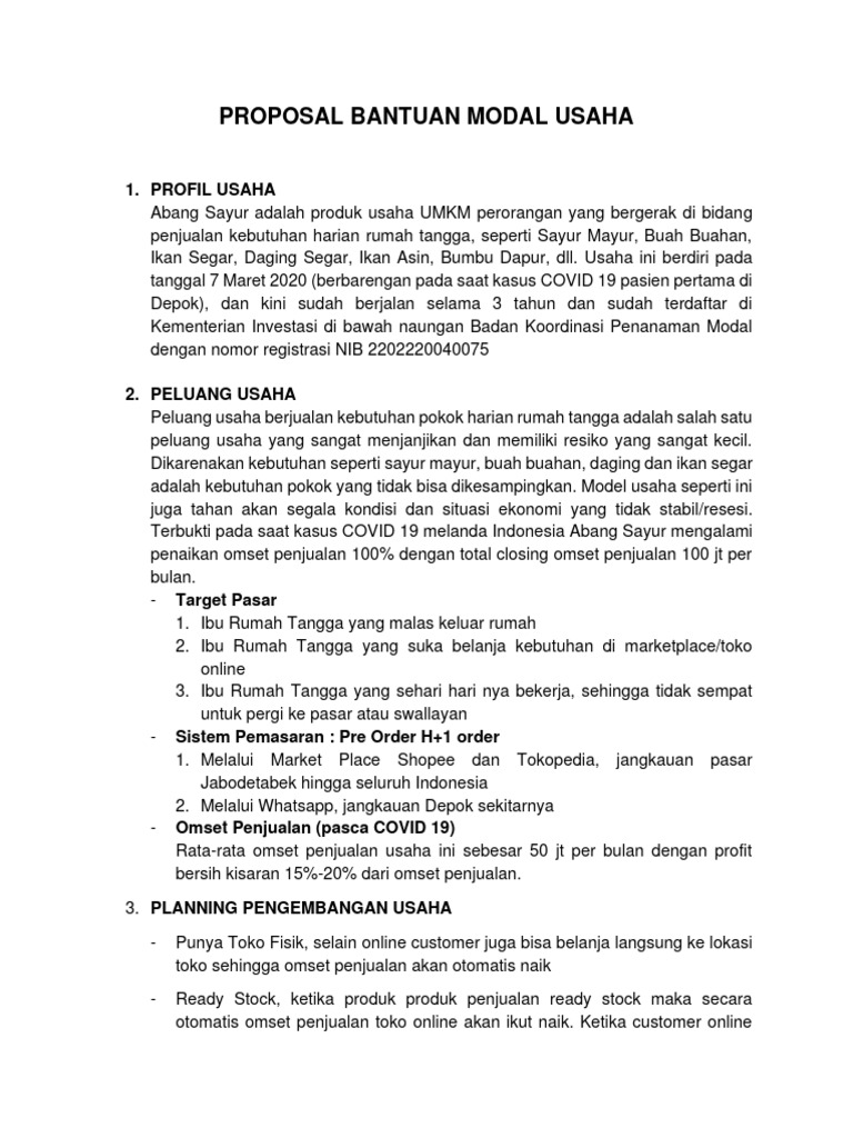 Proposal Modal Usaha Abang Sayur | PDF