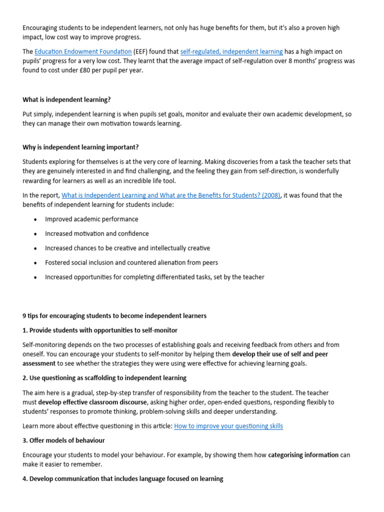 Encouraging Students To Be Independent Learners | PDF | Learning ...