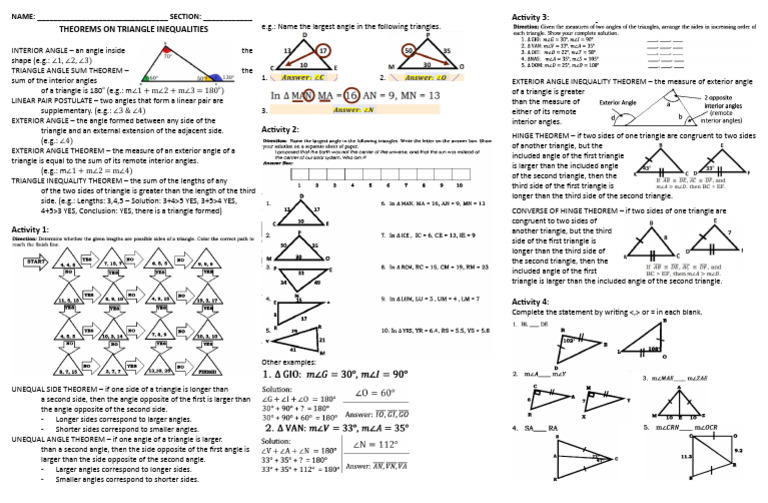 Theorems On Triangle Inequalities With Activities 2 | PDF | Triangle ...