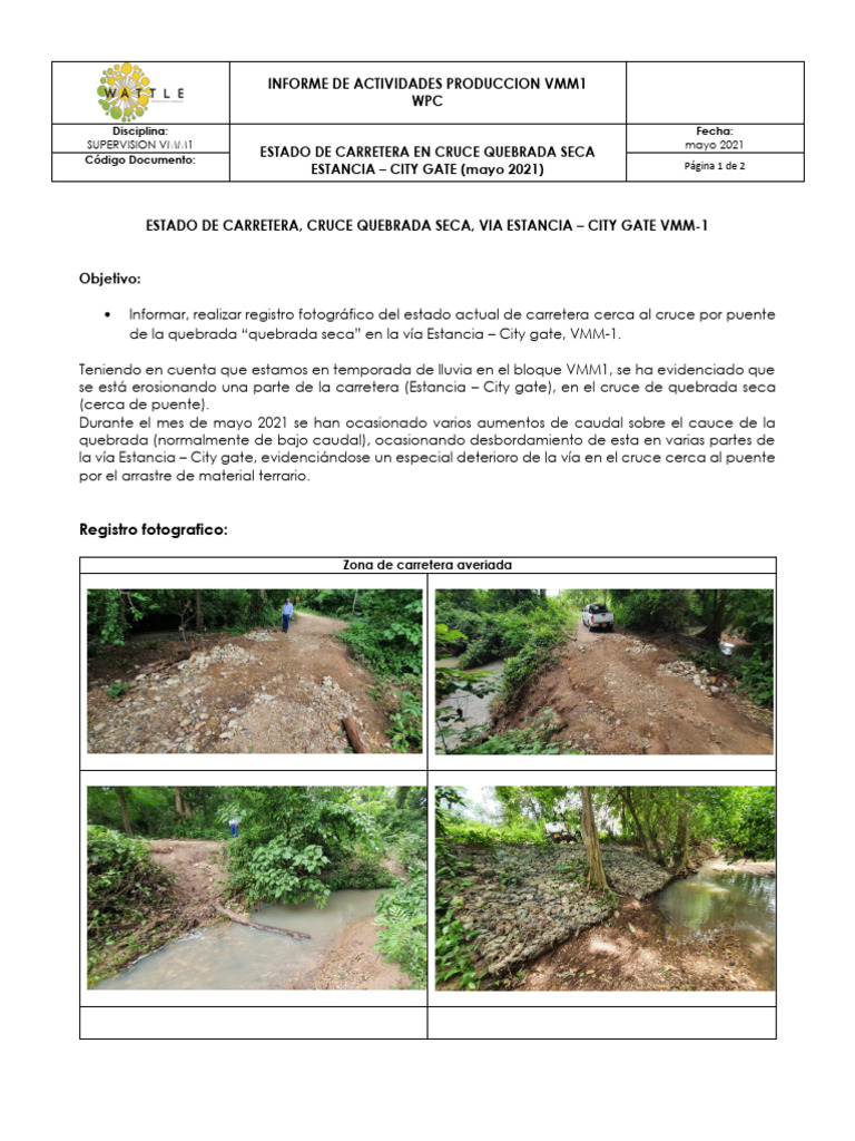 Estado de Cruce en Quebrada Carretera Estancia-City Gate Mayo 2021 | PDF