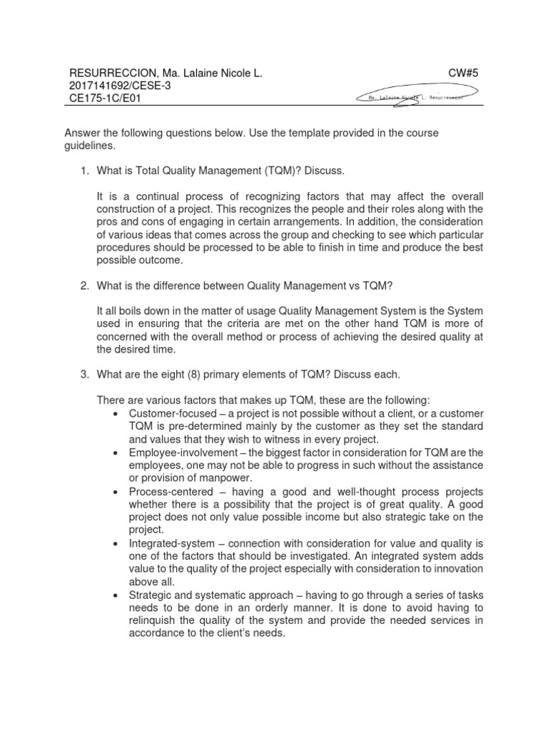 RESURRECCION - Ma. Lalaine Nicole - CE175-1C - E01 - CW5 | PDF | Quality Management | Business