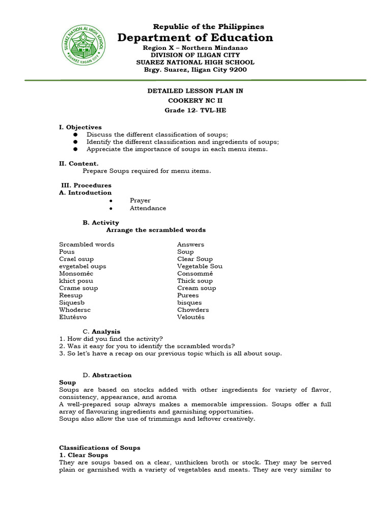 Detailed Lesson Plan in Cookery | PDF | Soup | Stock (Food)
