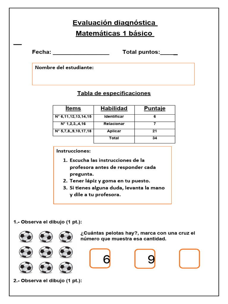Prueba Diagnóstica Matemáticas Primero Básico | PDF