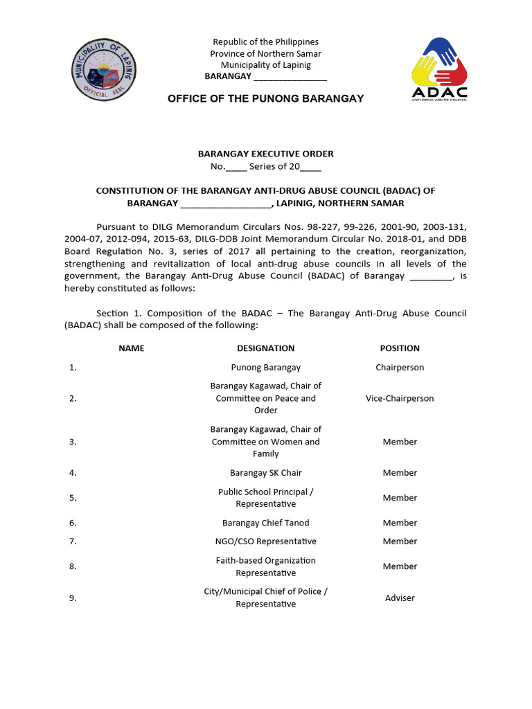 BADAC Template - Executive Order | PDF | Substance Abuse | Justice