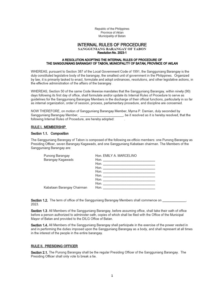 SANGGUNIANG BARANGAY INTERNAL RULES OF PROCEDURE Myrna | PDF | Quorum | Committee