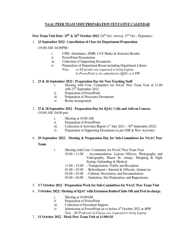 Naac Peer Team Visit Preparation Tentative Calendar | PDF