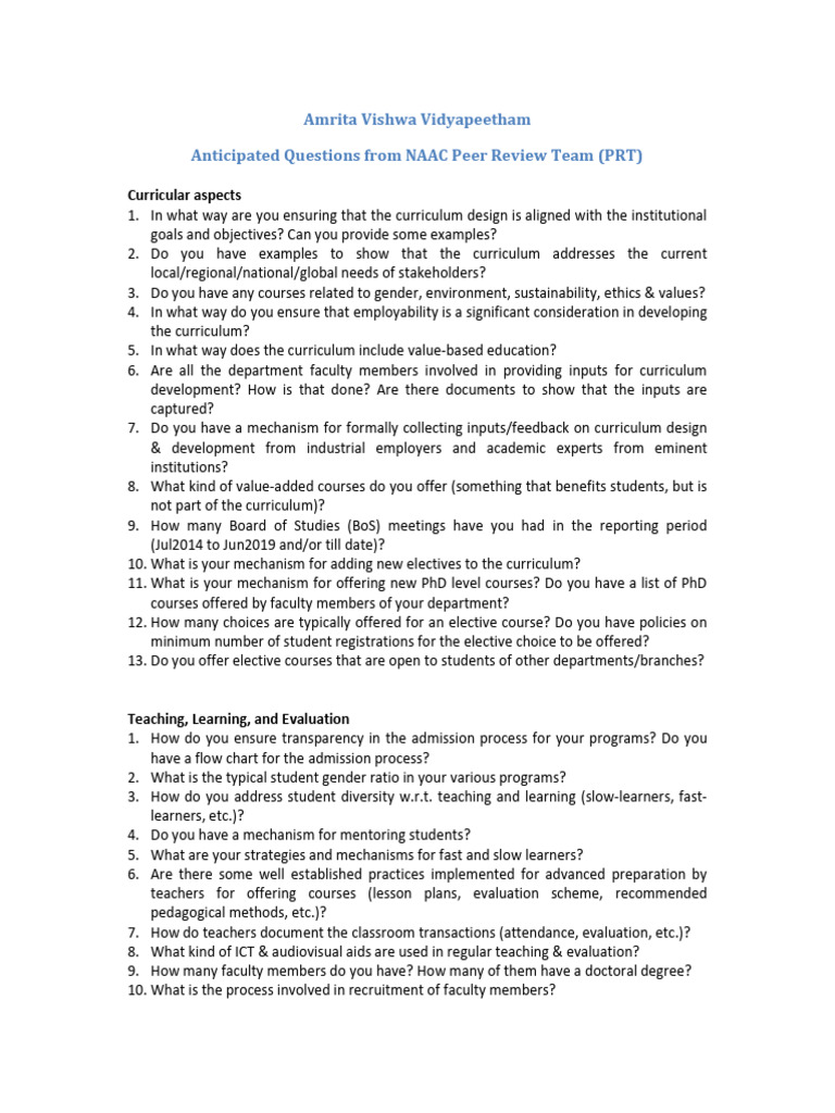 NAAC PTV Possible Questions | PDF | Curriculum | Teachers