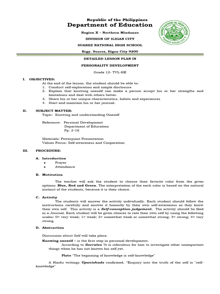 Grade 12 Personality Development Lesson Plan | PDF | Self Concept | Self