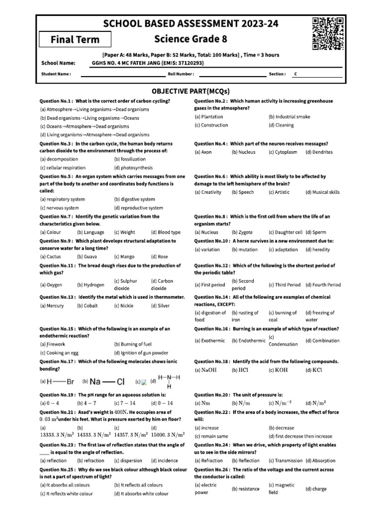 8th Class Science Paper C | PDF