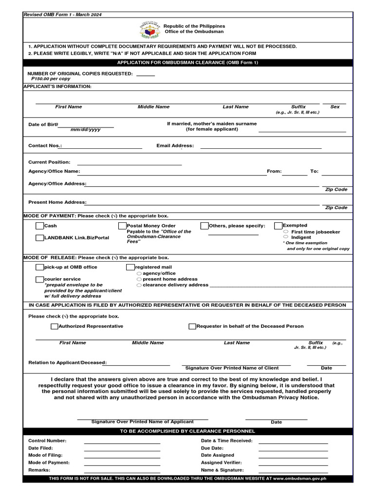OMB Form 1 - Application For Ombudsman Clearance | PDF | Mail