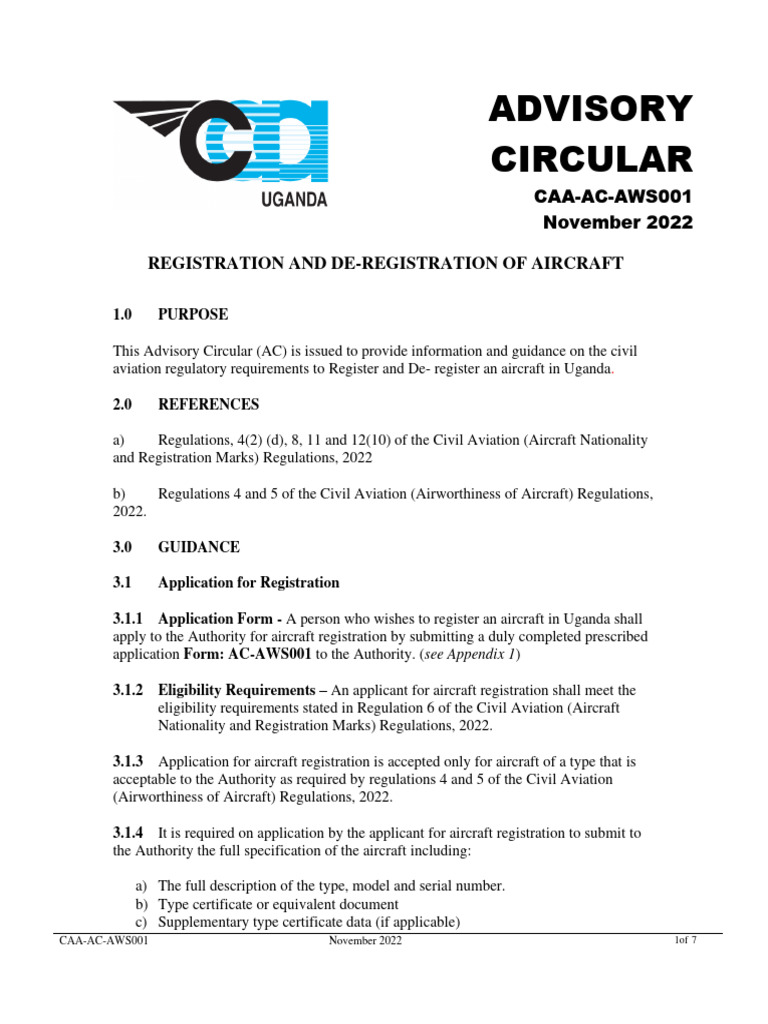 CAA AC AWS001 Aircraft Registration and Deregistration | PDF | Aviation