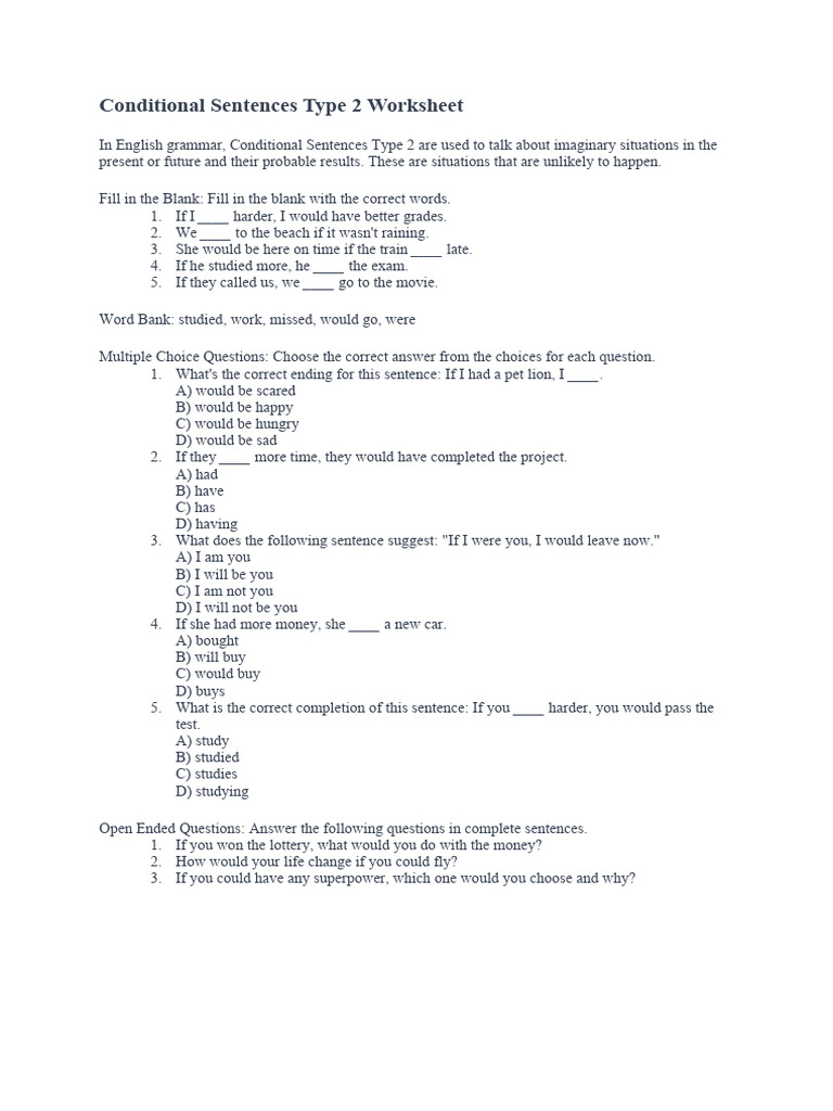 Conditional Sentences Type 2 Worksheet | PDF