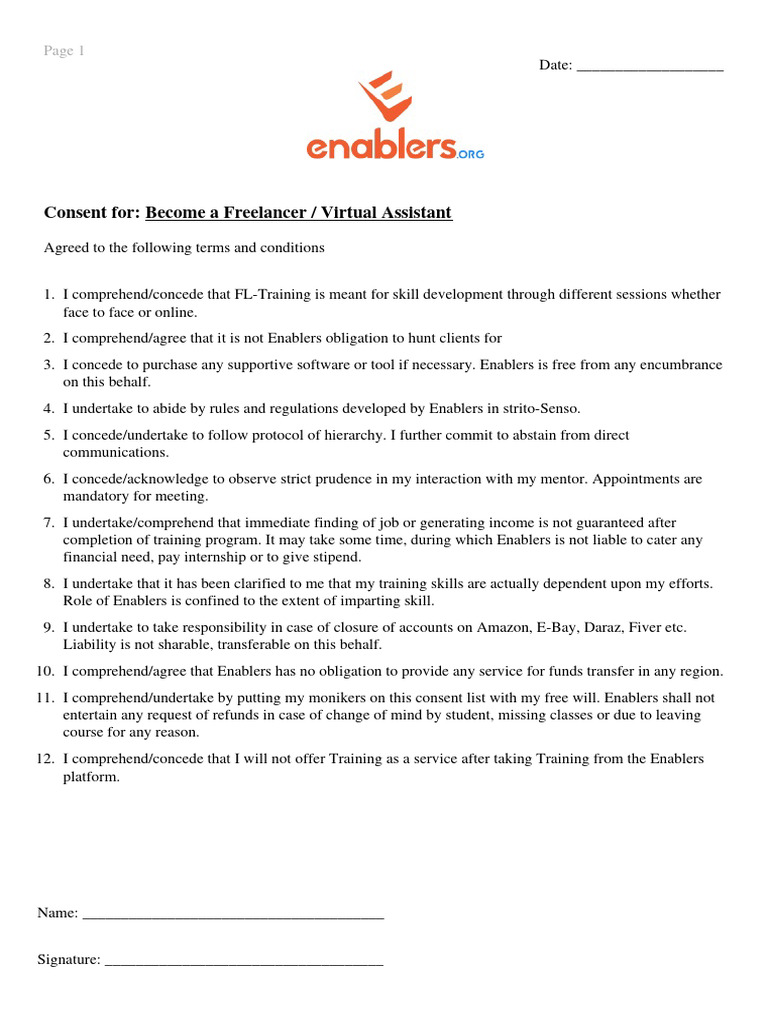 Enablers Freelancing Va Consent | PDF