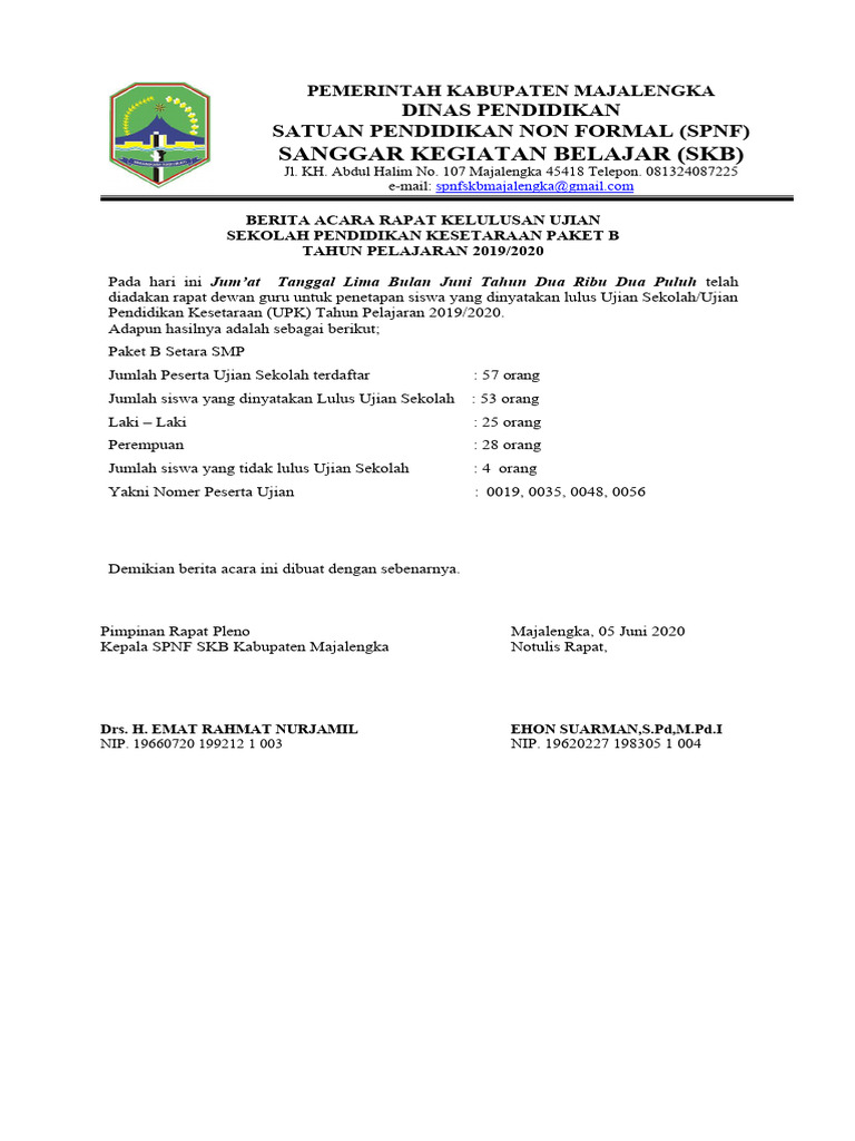 Berita Acara Dan SK Kelulusan Paket B 2020 SKB | PDF
