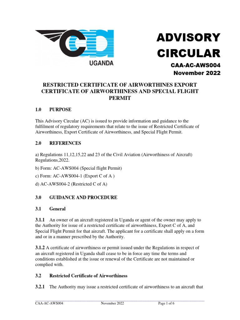 CAA-AC-AWS004-Resticted-CofA-Export-CofA-and-Special-Fight-Permit | PDF ...