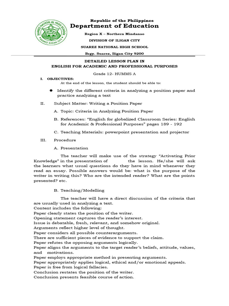 DETAILED LESSON PLAN IN Eapp Week 6 | Download Free PDF | Lesson Plan ...