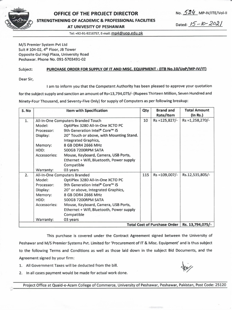 Purchase Order for Supply of Computers | PDF