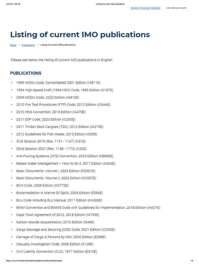 Listing of Current IMO Publications | PDF | Ships | Water Transport