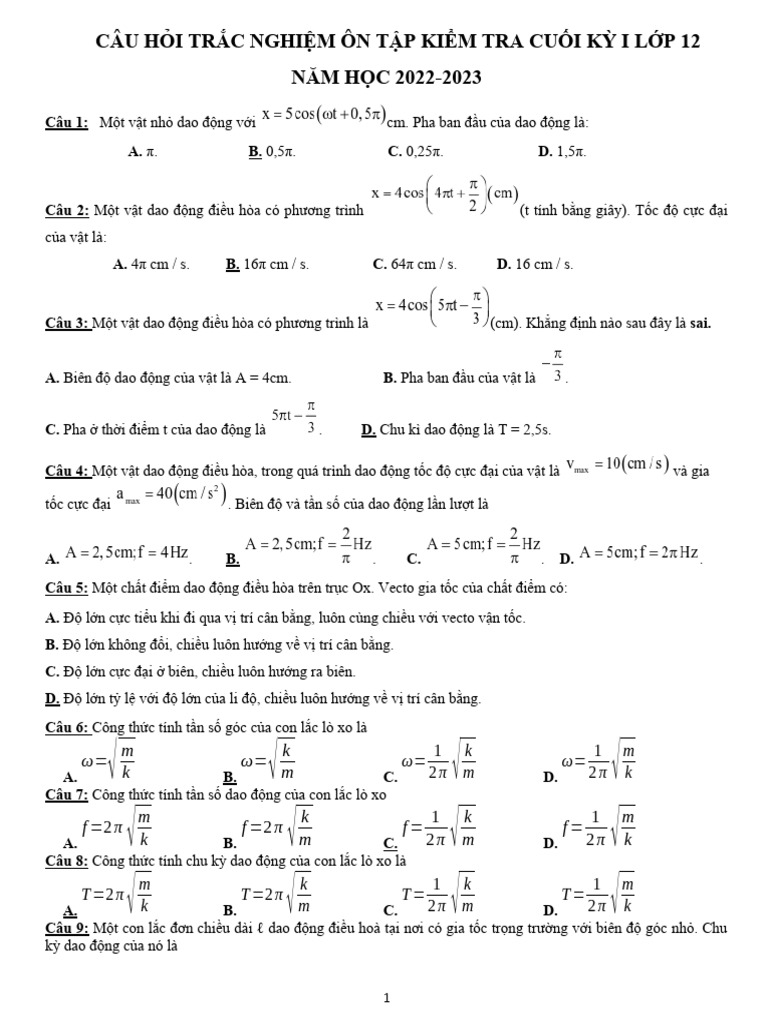 ĐỀ CƯƠNG BT HK1 LỚP 12 | PDF