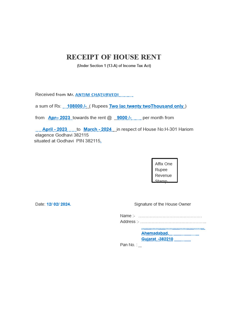 House Rent Receipt Template 2023 | PDF