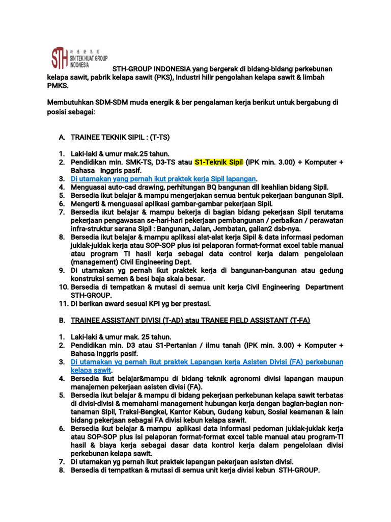 Lowongan Trainee STH-GROUP 2021 | PDF