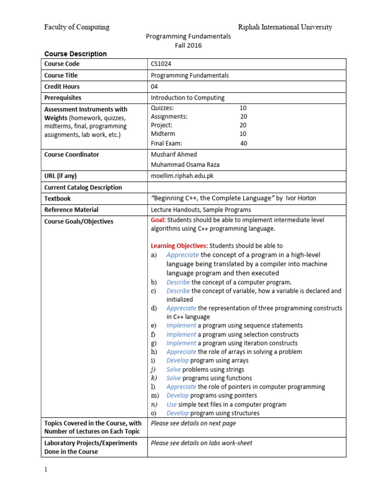 Outline PF Fall2016 | PDF | Computer Program | Programming Outline PF Fall2016 | PDF | Computer Program | Programming