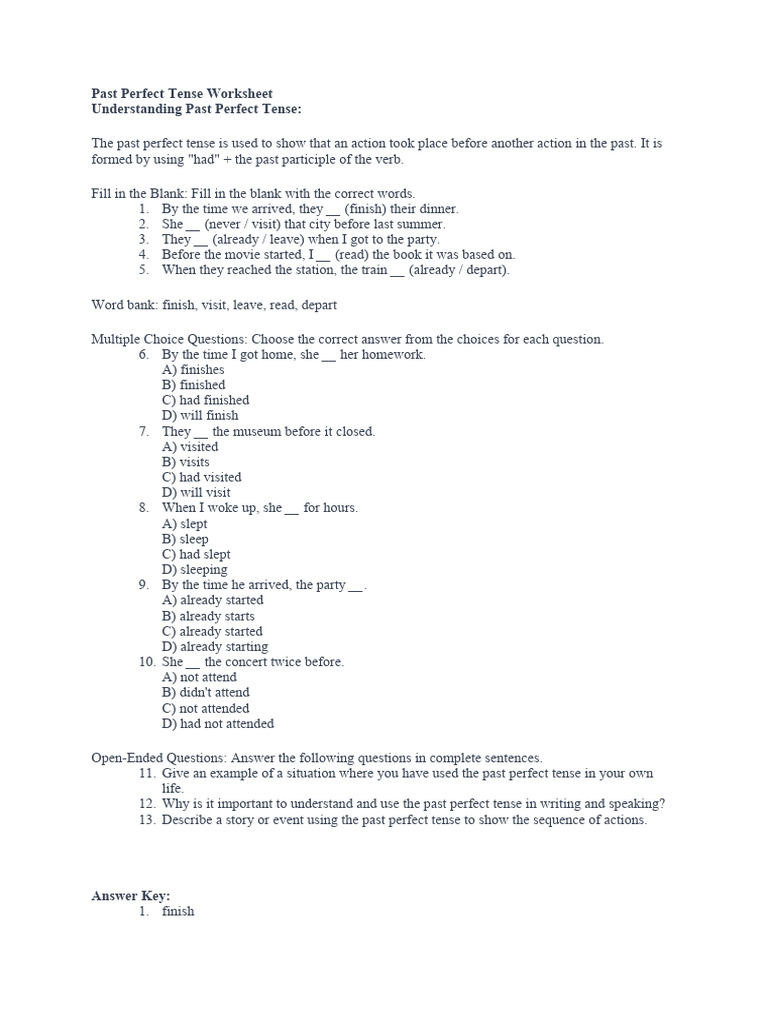 Past Perfect Tense Worksheet | PDF | Perfect (Grammar) | Grammatical Tense
