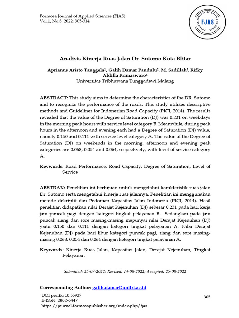 Analisis Kinerja Ruas Jalan Dr. Sutomo Kota Blitar: Formosa Journal of ...
