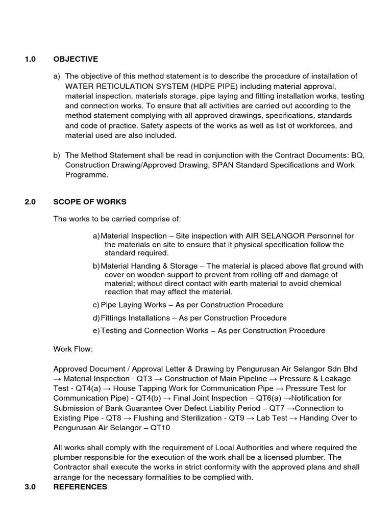 Method Statement - Water Reticulation Work | PDF | Pipe (Fluid ...