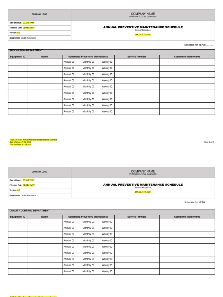 XXX.qa.F7.1!06!01_Preventive Maintenance Annual Schedule_Rev0 | PDF ...
